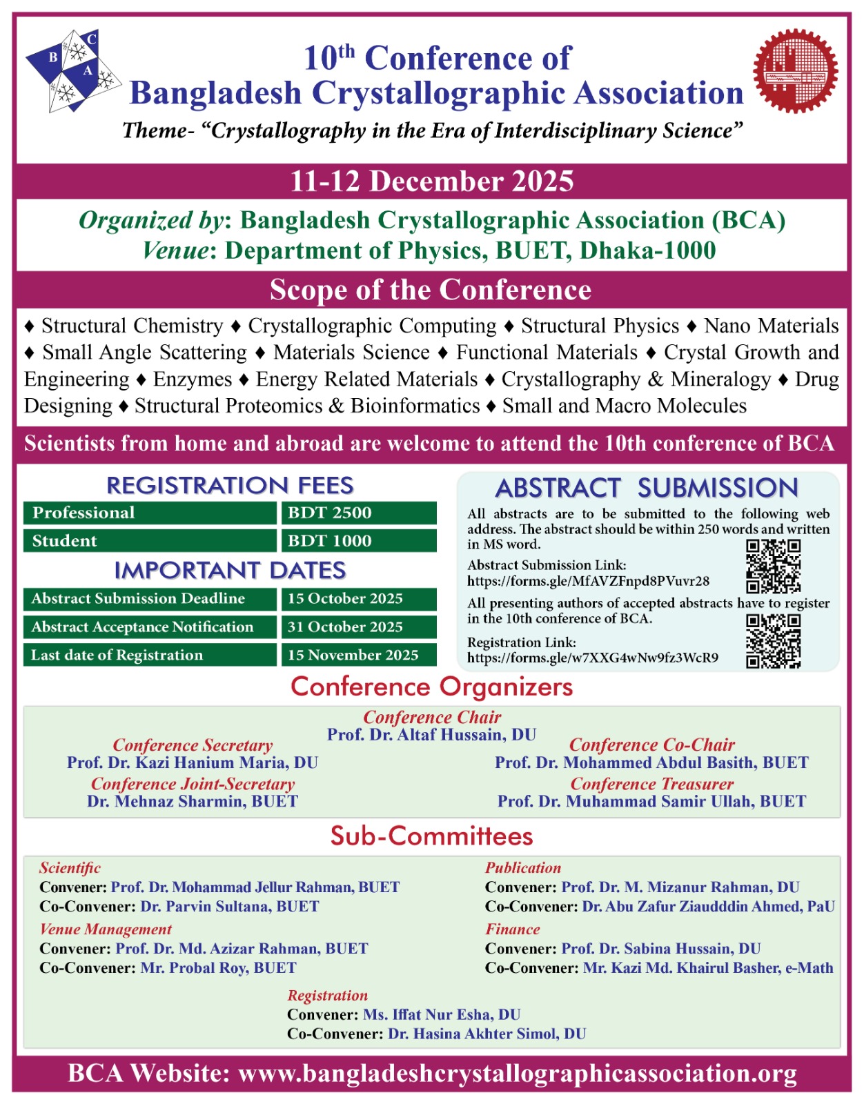 10th Conference of BCA – 2025 – Bangladesh Crystallographic Association